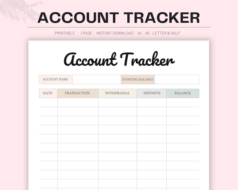 Account Tracker, Printable Account Log, Bank Account Tracker, Account ...