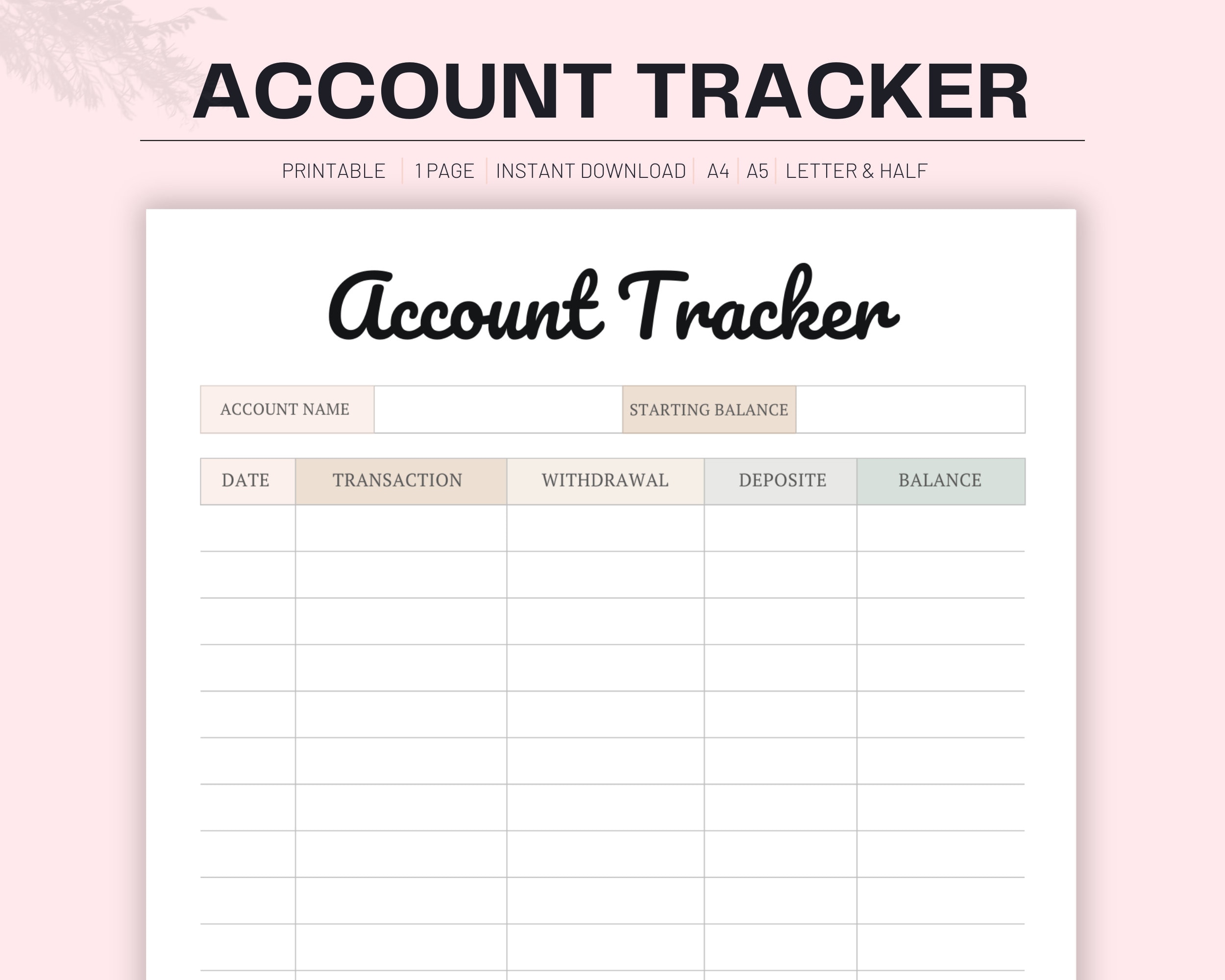 Account Tracker, Printable Account Log, Bank Account Tracker, Account ...