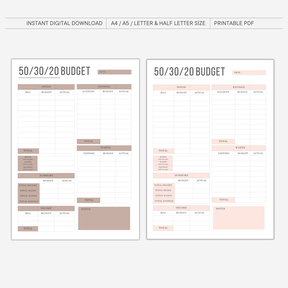 50/30/20 Budget Planner Template Monthly Budget Planner 50/30/20 Rule ...