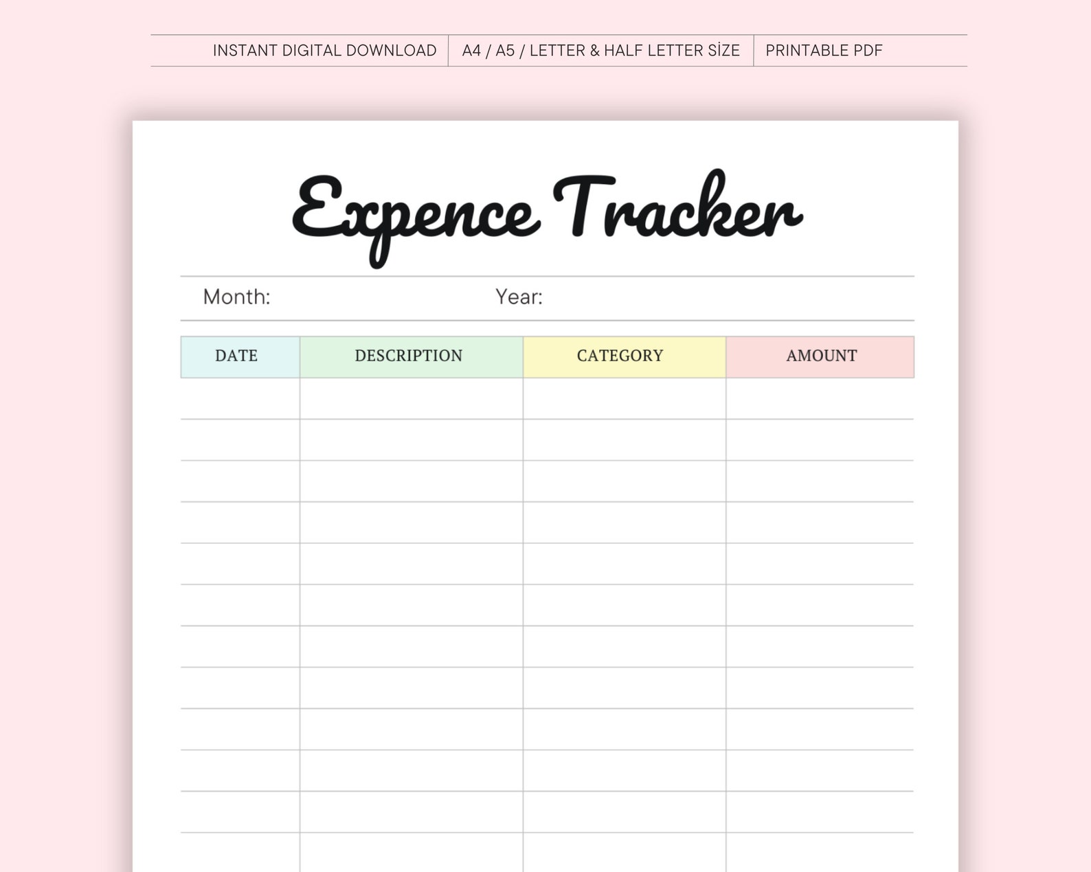 Expense Tracker, Printable Expense Log, Digital, Expense Sheet, Monthly ...