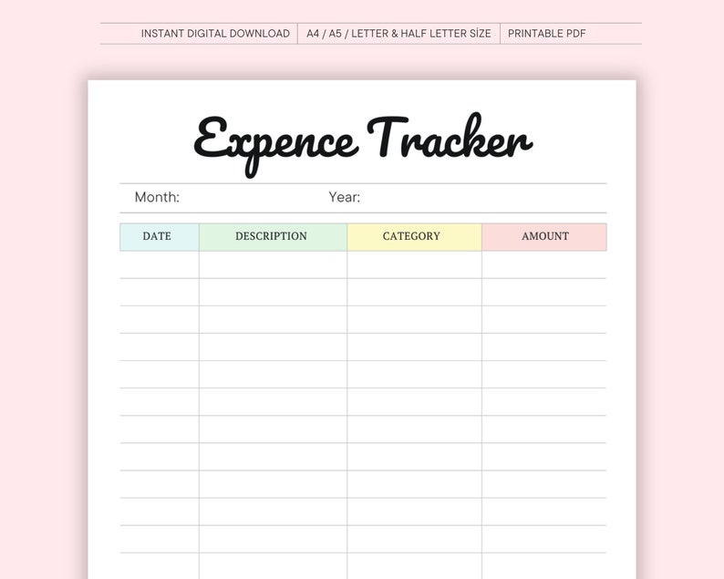 Expense Tracker, Printable Expense Log, Digital, Expense Sheet, Monthly ...