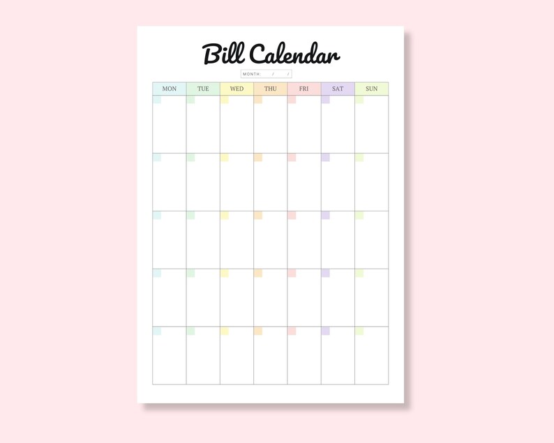 Bill Calendar, Bill List, Monthly Bill Dates, Expense Calendar ...