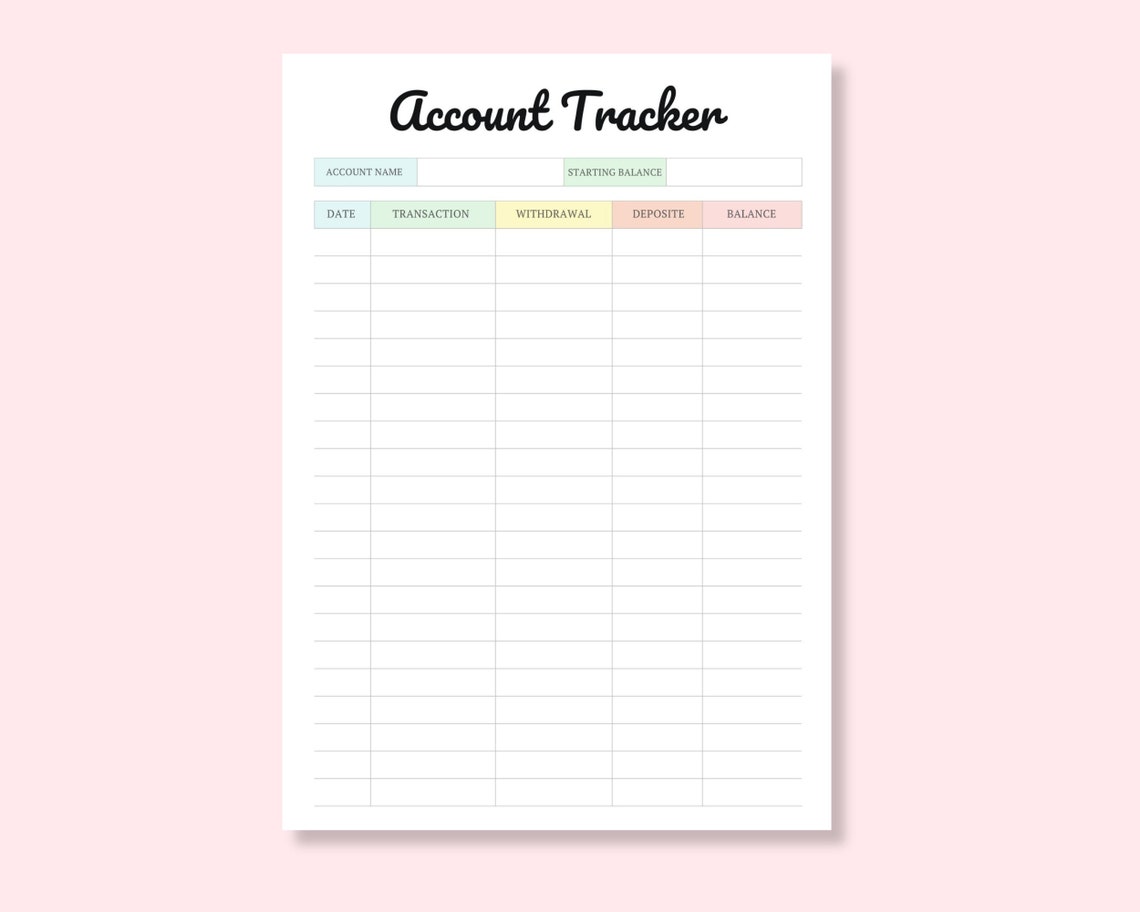 Account Tracker, Printable Account Log, Bank Account Tracker, Account ...