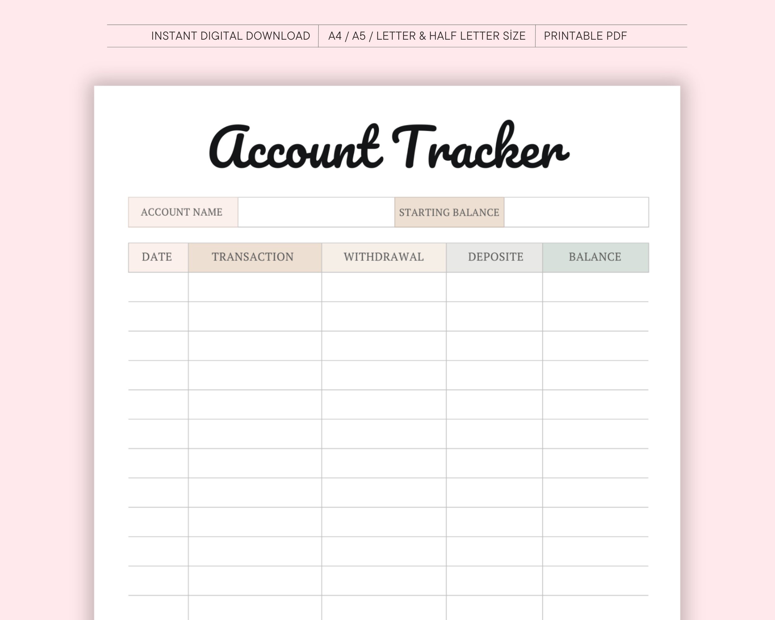 Account Tracker, Printable Account Log, Bank Account Tracker, Account ...