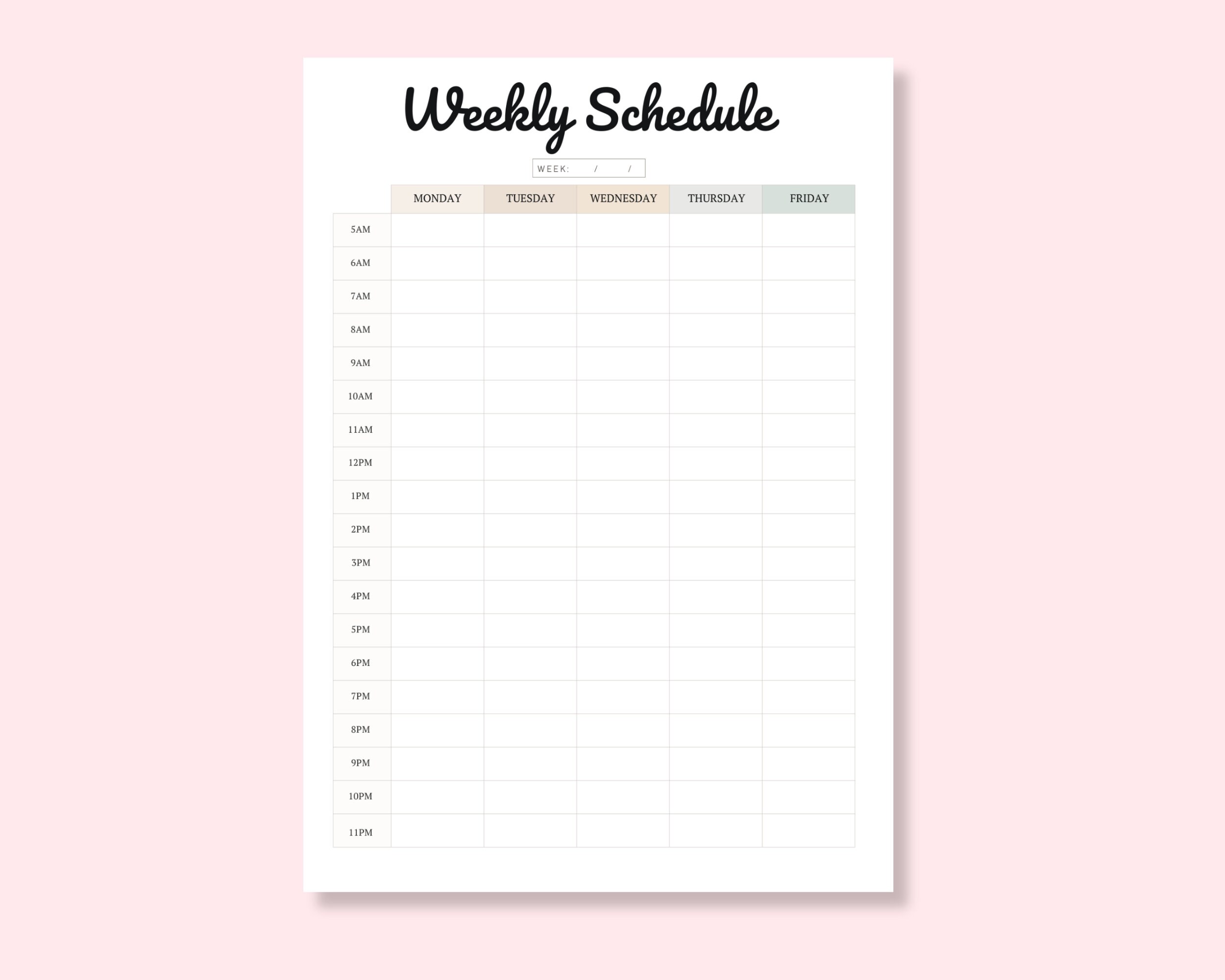 Horizontal Weekly Schedule, Hourly Weekly Schedule Landscape, Weekly ...