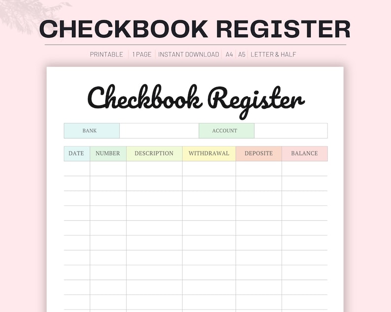 Checkbook Register Printable: Transaction Tracker (A4, A5, Letter) - Etsy