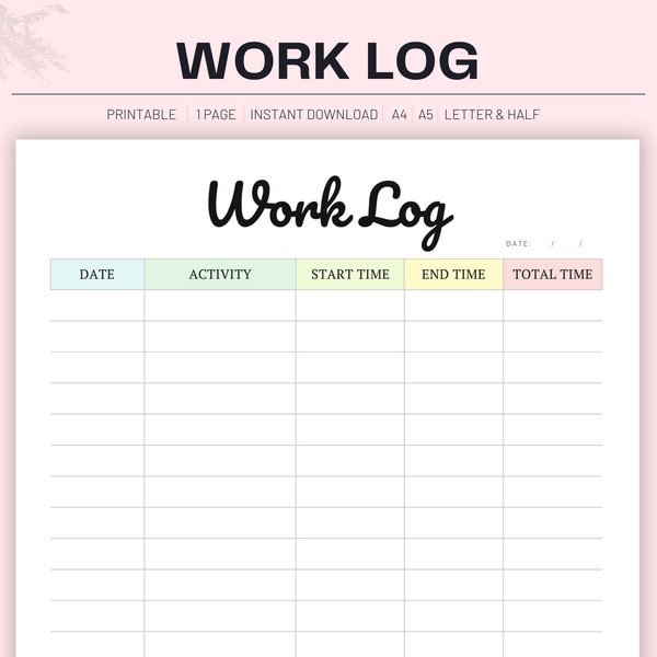 Work Log Printable Time Spent Tracker Time Log Working Hours Work Task ...