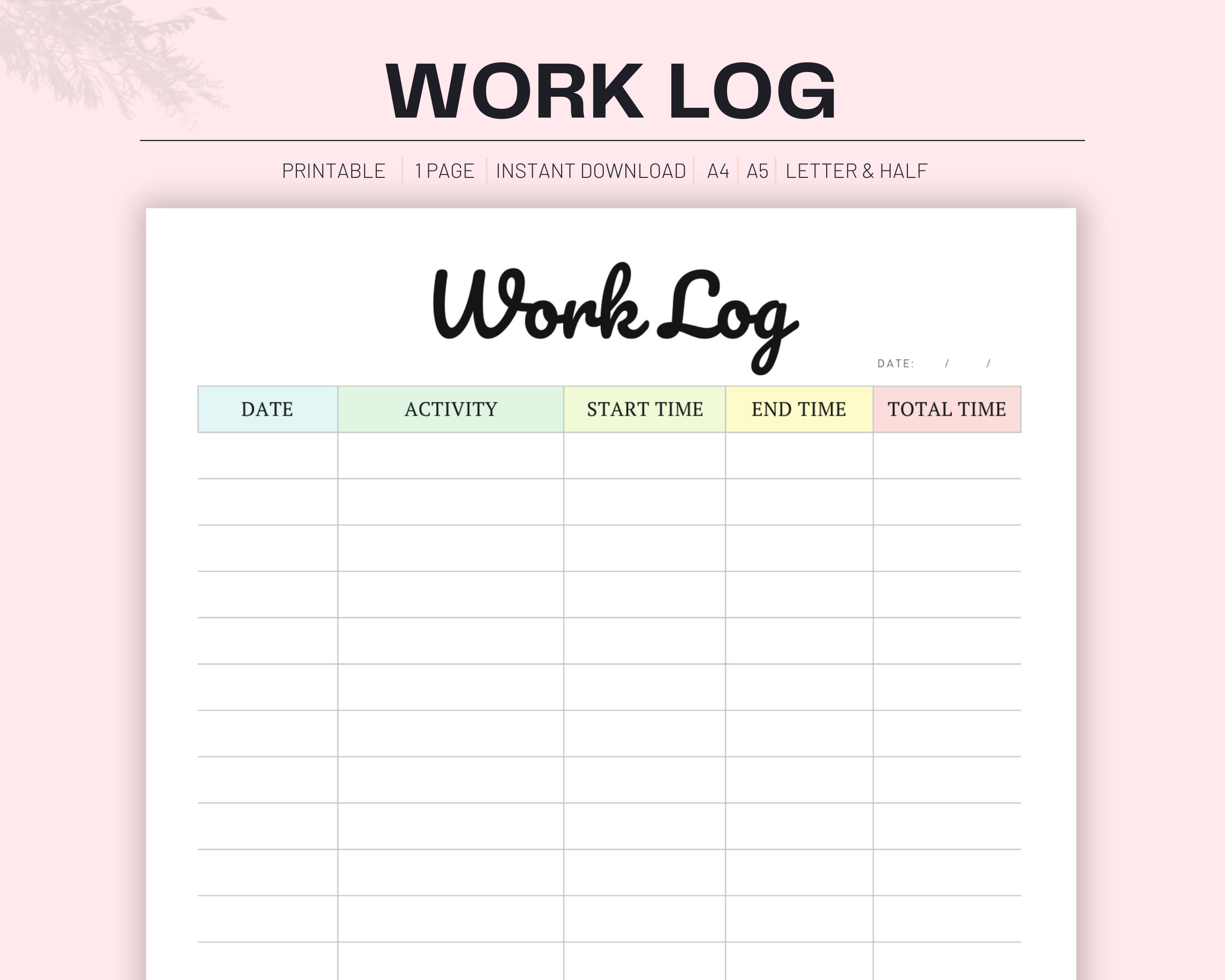 Work Log, Printable, Time Log, Activity Tracker, Working Hours Log ...