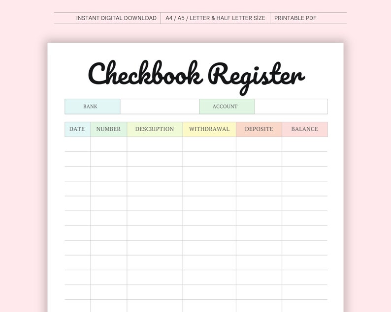 Checkbook Register Printable: Transaction Tracker (A4, A5, Letter) - Etsy
