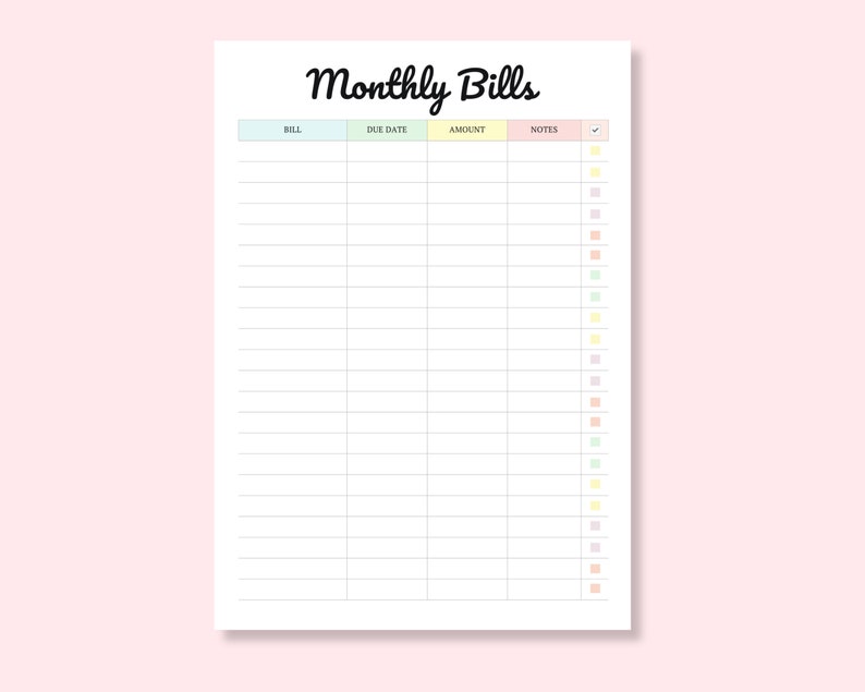 Monthly Bill Tracker: Printable Payment Checklist (digital PDF) - Etsy