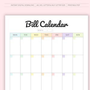 Printable Monthly Bill Calendar: Expense Tracker (A4, A5, Letter, Half ...