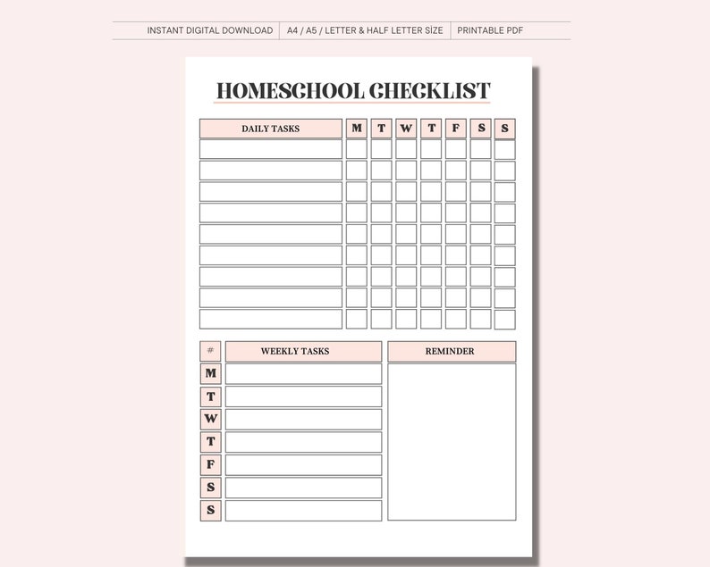 Homeschool Checklist Printable, Daily Checklist for Homeschool Teachers ...