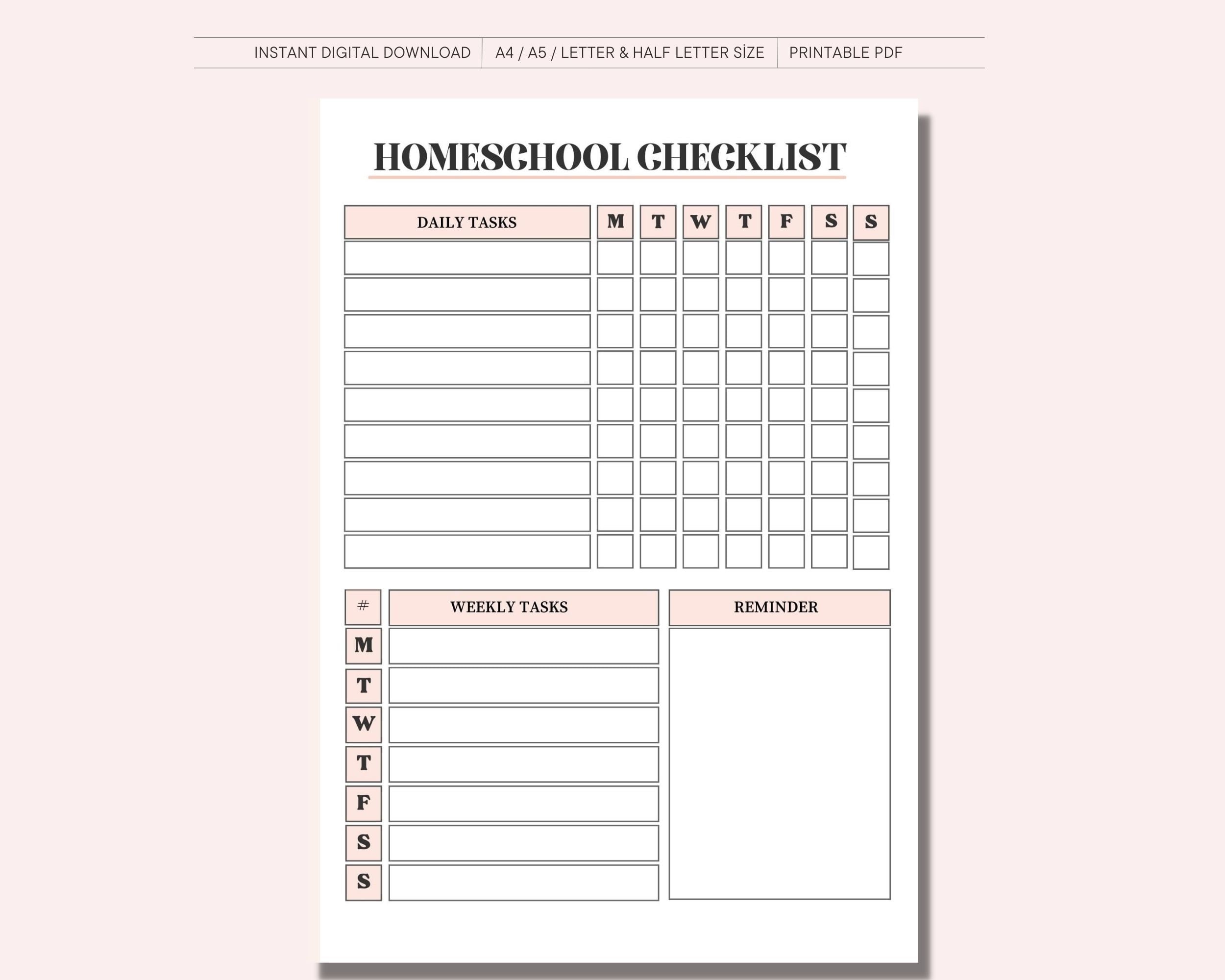 Homeschool Checklist Printable: Daily & Weekly Tasks (digital Download ...