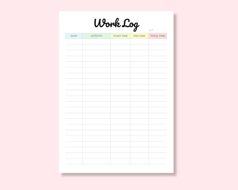 Work Log, Printable, Time Log, Activity Tracker, Working Hours Log ...