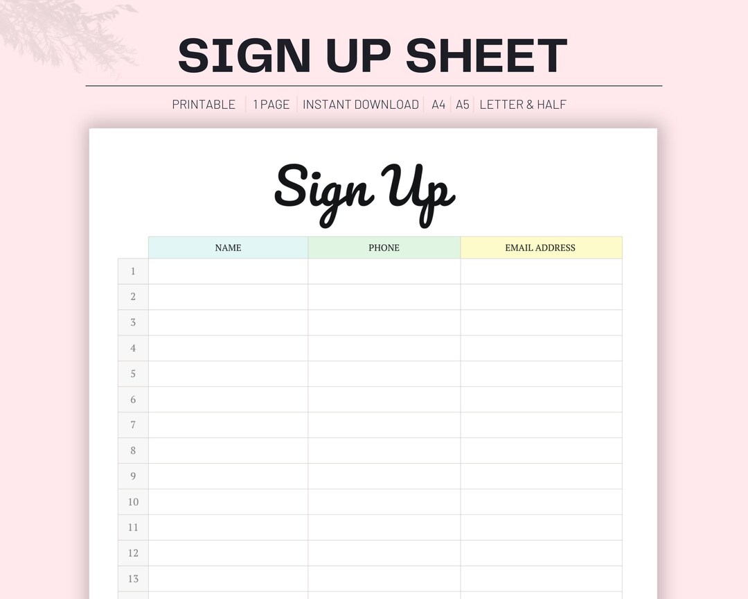 Sign up Sheet, Email Sign up Form, Contact Details, Sign in Sheet ...