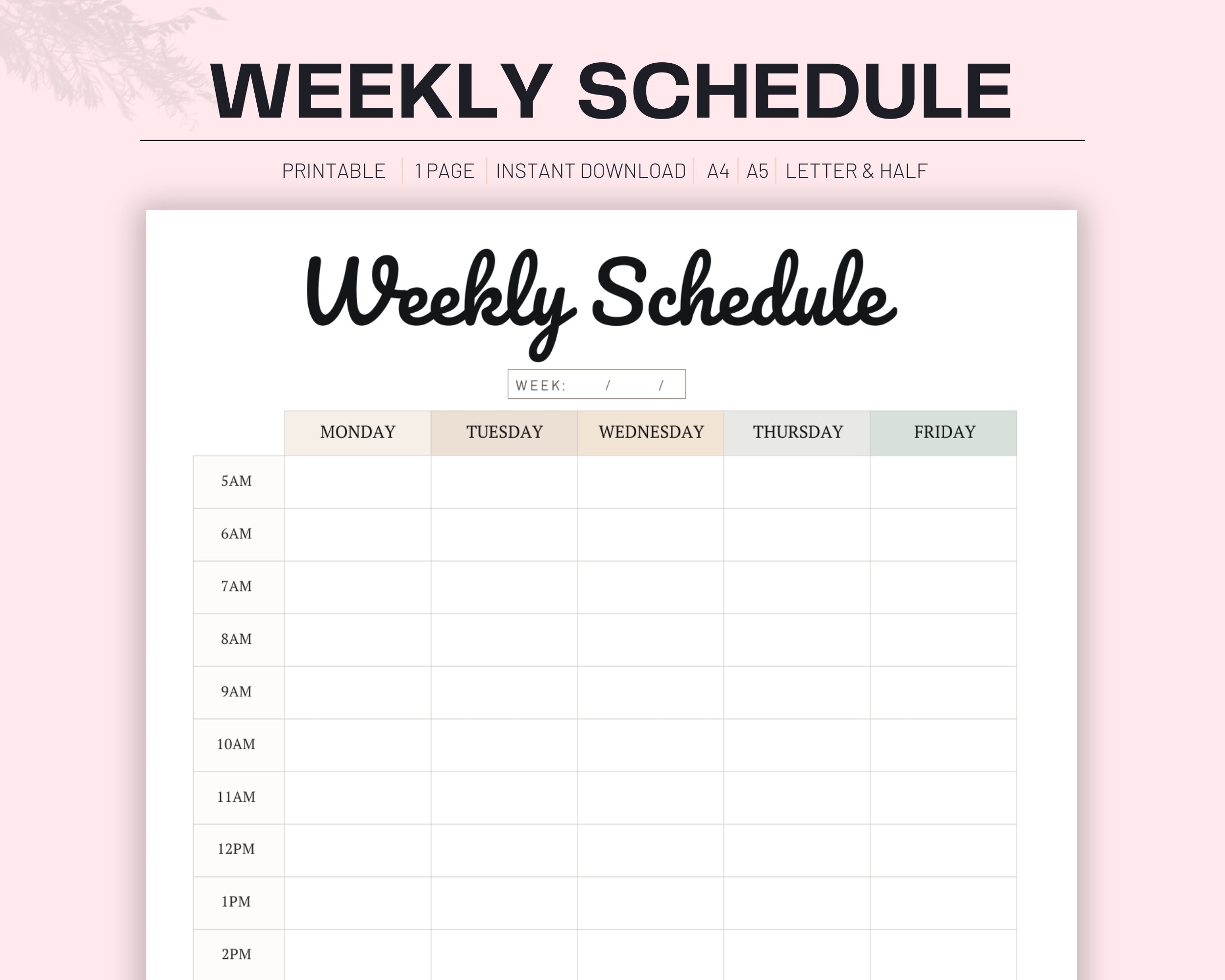 Horizontal Weekly Schedule, Hourly Weekly Schedule Landscape, Weekly ...