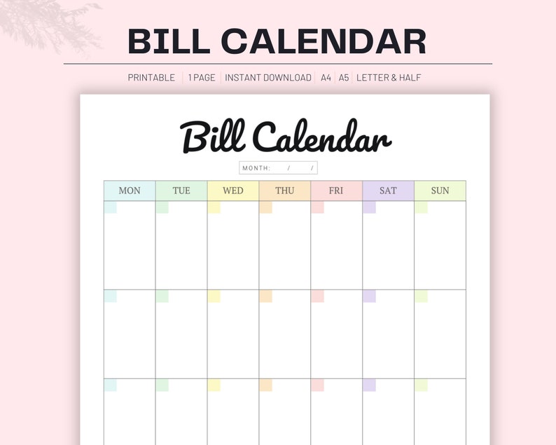 Printable Monthly Bill Calendar: Expense Tracker (A4, A5, Letter, Half ...