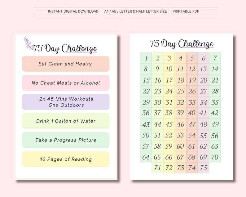 75 Day Challenge Tracker Bundle: Fitness & Habit Journal (PDF) - Etsy