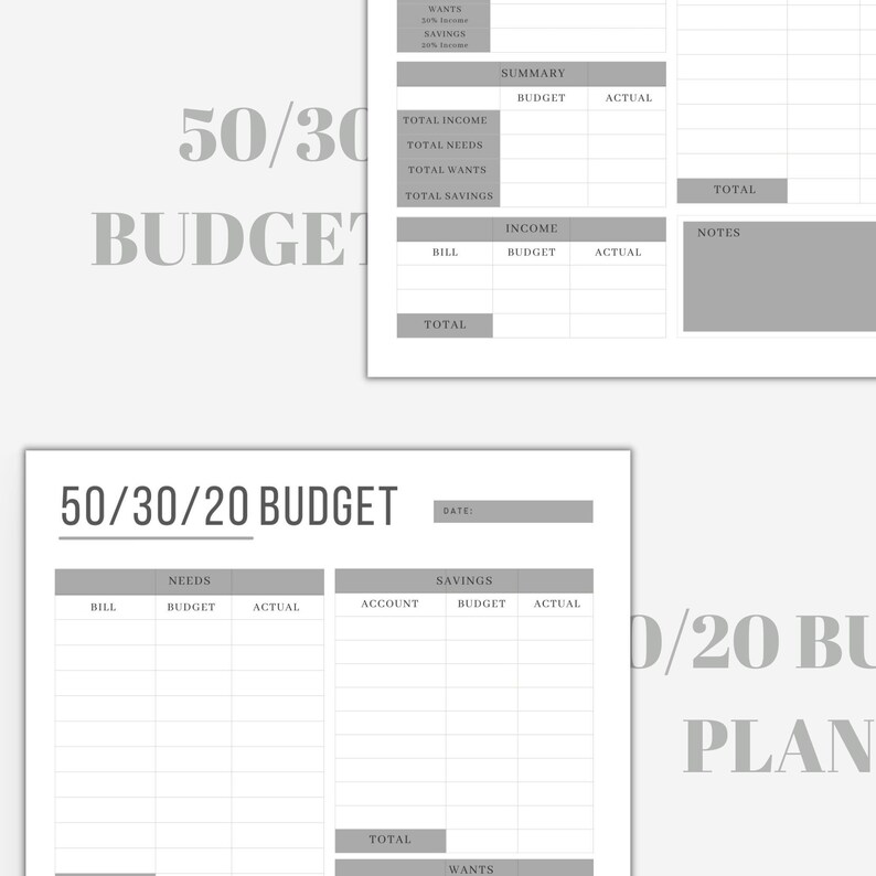 50/30/20 Budget Planner Template Monthly Budget Planner 50/30/20 Rule ...
