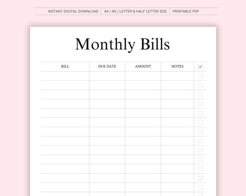 Monthly Bill Tracker, Bill Planner, Monthly Bill Log, Bill Payment ...