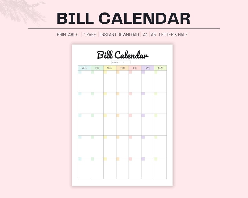 Printable Monthly Bill Calendar: Expense Tracker (A4, A5, Letter, Half ...