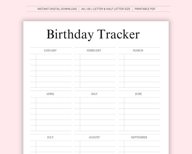 Printable Birthday Tracker: A4, A5, Letter Sizes (digital PDF) - Etsy