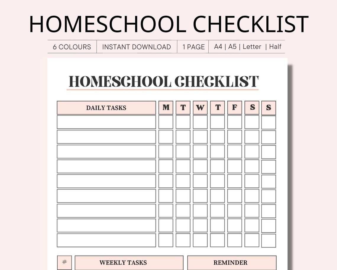 Homeschool Checklist Printable Daily Checklist for Homeschool - Etsy