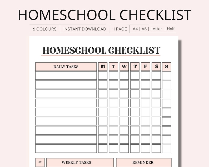 Homeschool Checklist Printable: Daily & Weekly Tasks (digital Download ...