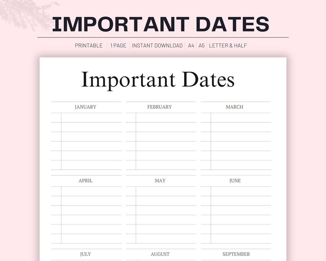 Important Dates Printable, Birthdays, Anniversaries, Holidays, Events ...