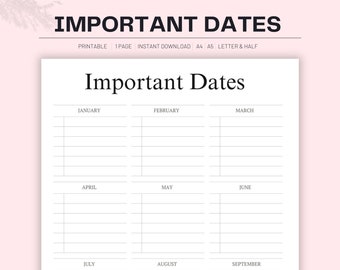 Editable Important Dates Printable | Birthdays, Anniversaries, Holidays ...
