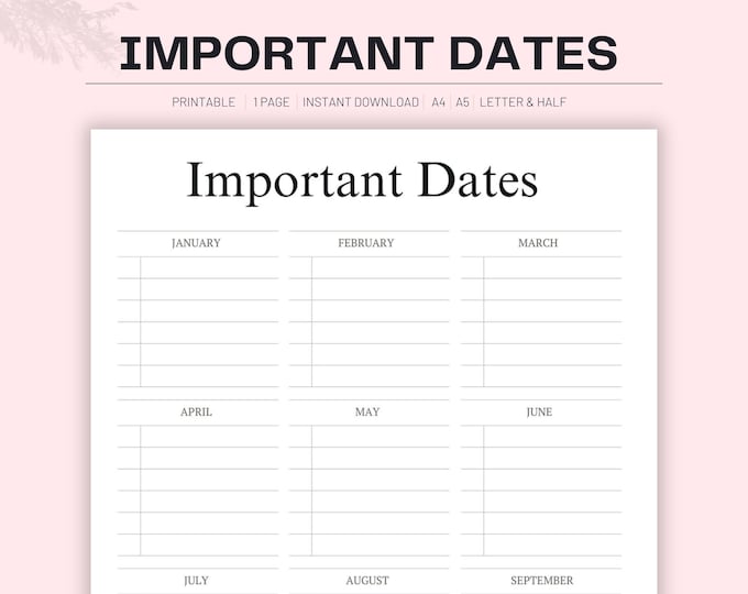 Dates to Remember Form,special Occasions Tracker,important Dates ...