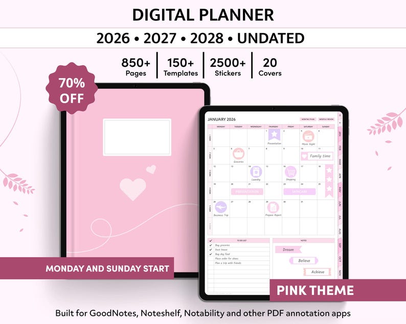 Digital Planner 2026, 2027, 2028, Undated, Pink Goodnotes Planner, Cute ...