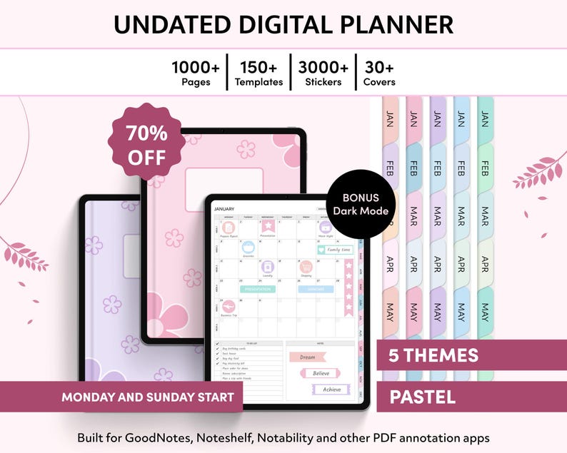 Digital Planner Undated, Undated Goodnotes Planner, iPad Planner ...