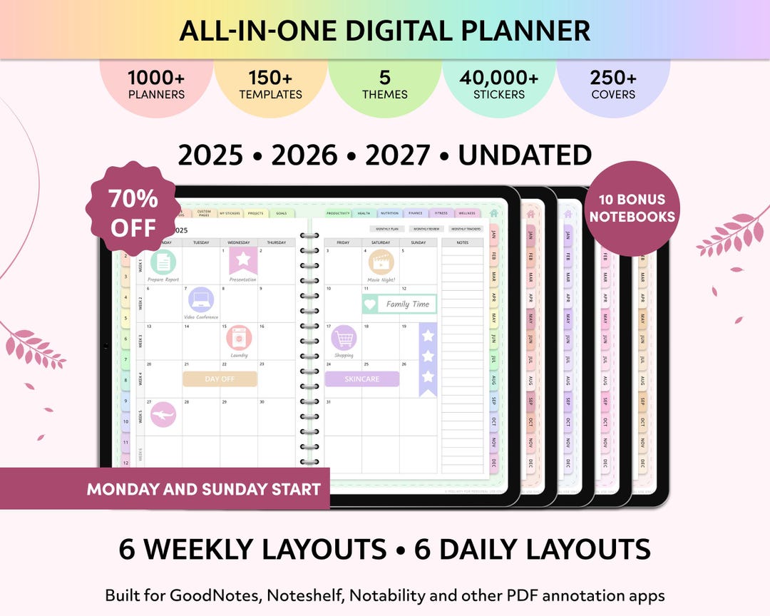 Digital Planner 2025, 2026, 2027, Undated, Goodnotes Planner, iPad ...