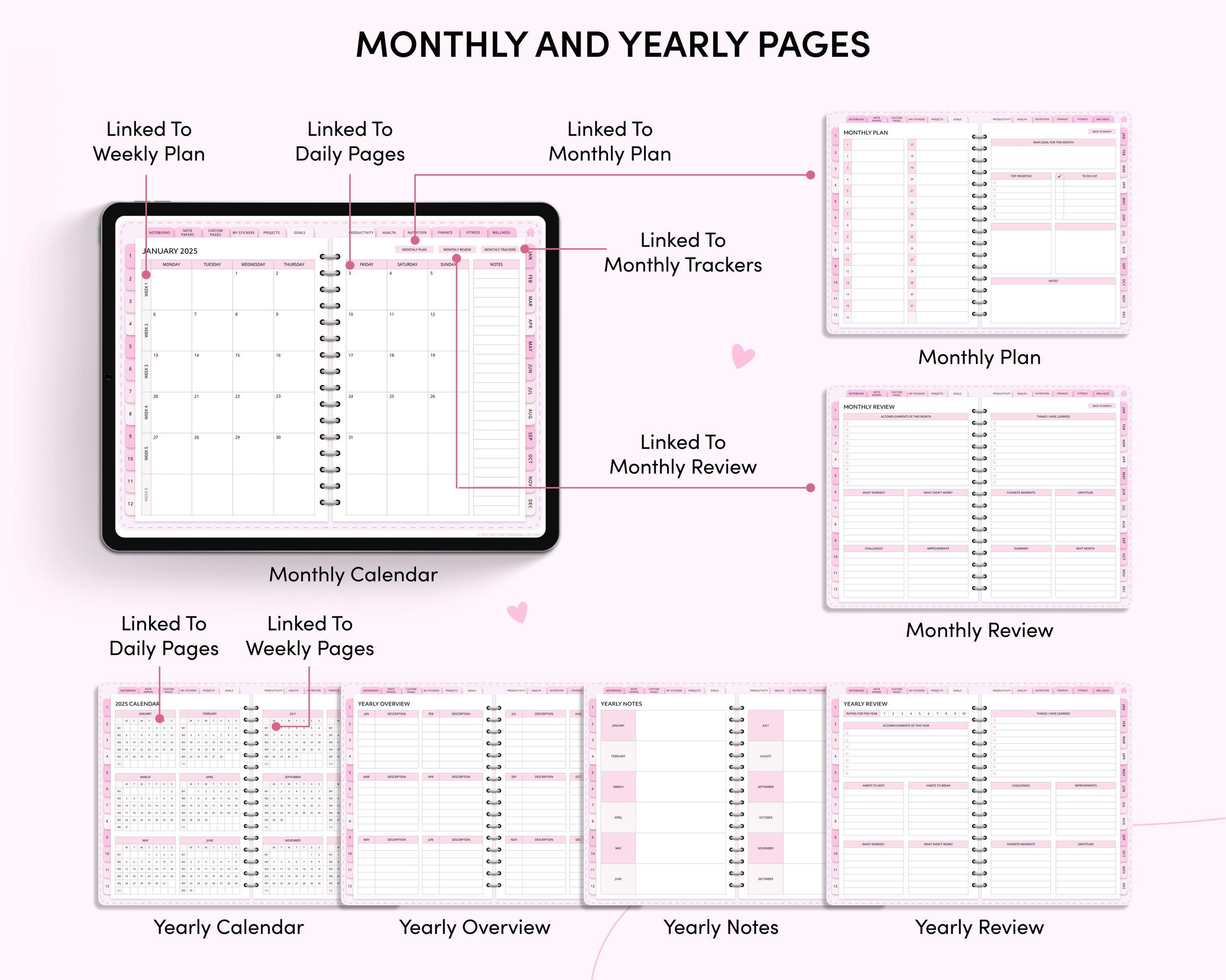 Pink Digital Planner 2025, 2026, 2027, Undated, Cute iPad Planner ...