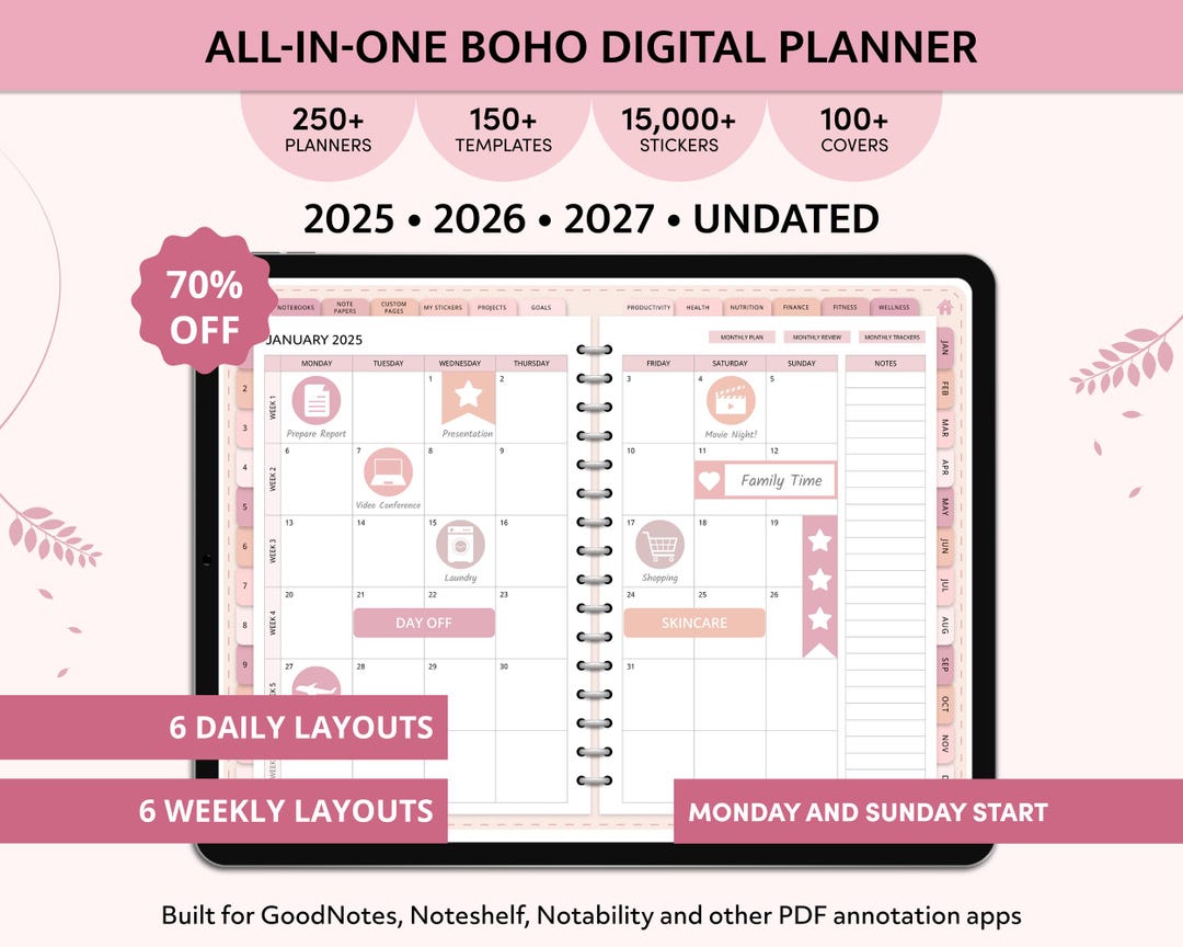 Boho Digital Planner 2025, 2026, 2027, Undated, Customizable Planner ...