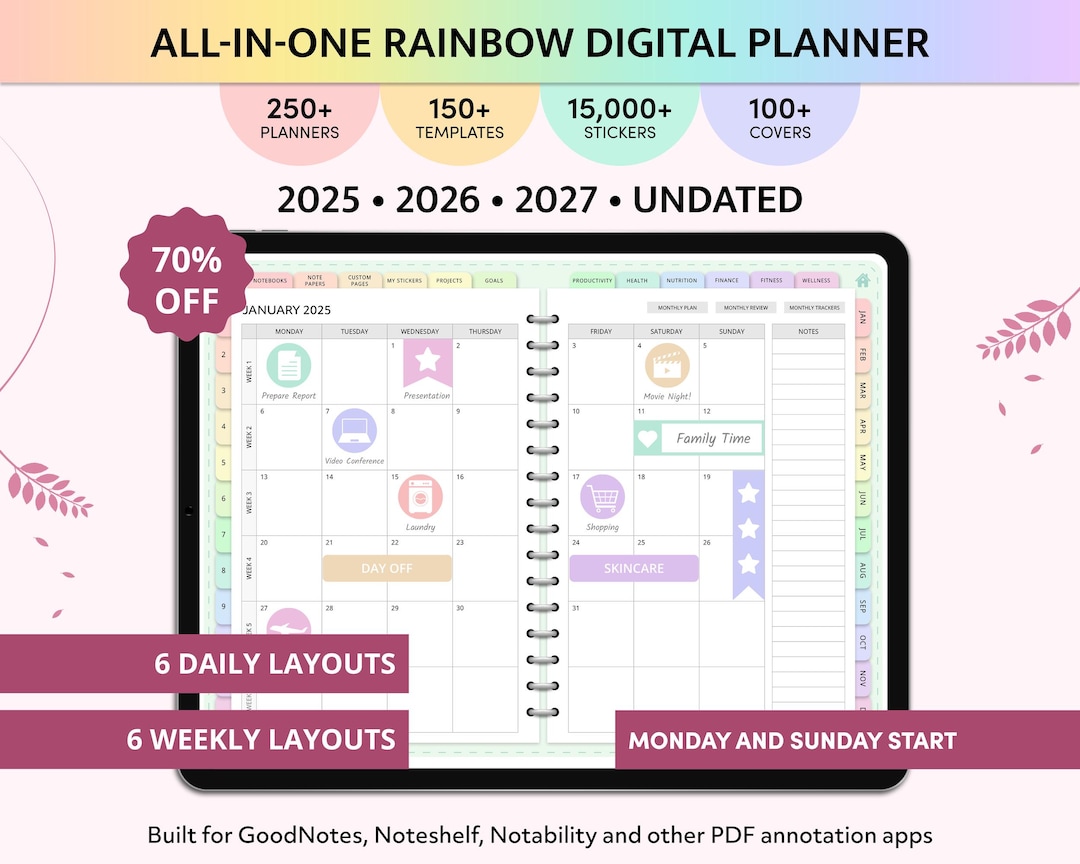 Rainbow Digital Planner 2025, 2026, 2027, Undated, Customizable iPad ...