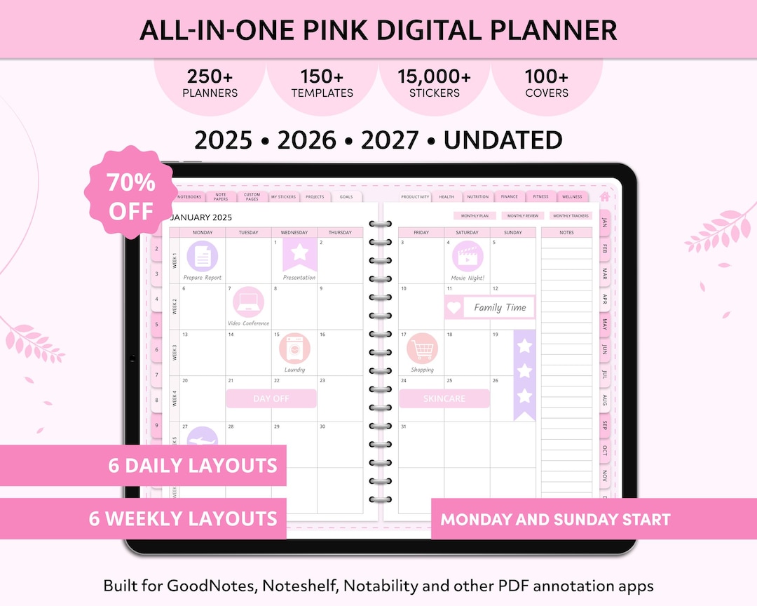 Pink Digital Planner 2025, 2026, 2027, Undated, Cute iPad Planner ...