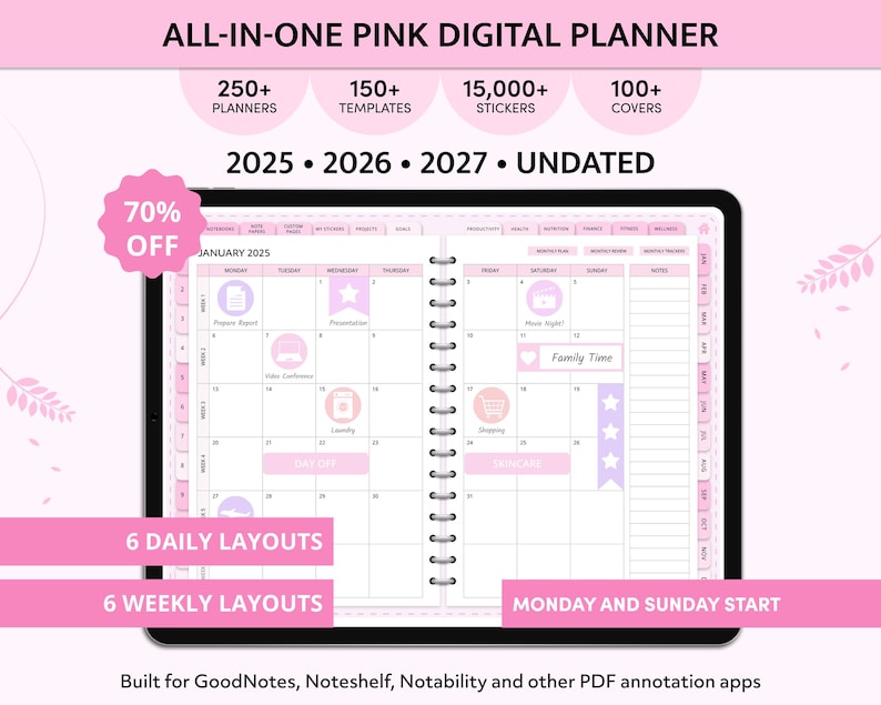 Pink Digital Planner 2025, 2026, 2027, Undated, Cute iPad Planner ...