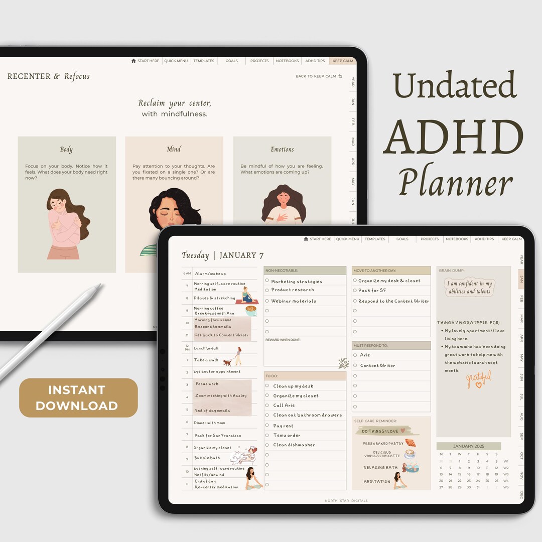 ADHD Digital Planner for Adults, Undated Adhd Monthly Weekly & Daily ...