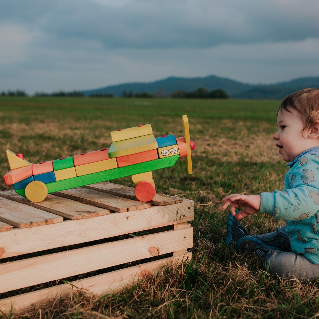 Rainbow Airplane Blocks, Wooden Airplane Blocks Set, Montessori Natural ...