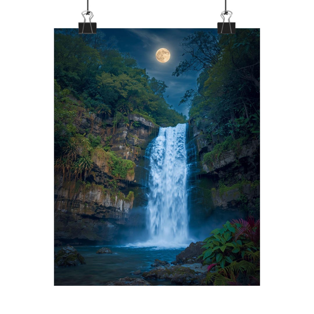 Moonlit Waterfall Poster | Matte Vertical Nature Print, Night Forest ...