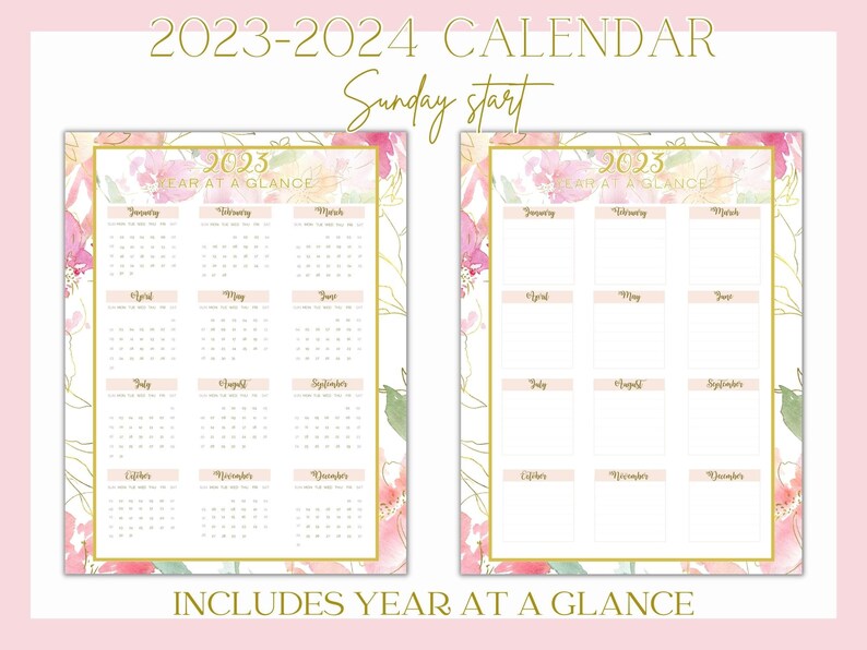 2023-2024 Digital Printable Calendar Planner Watercolor Flower Design ...