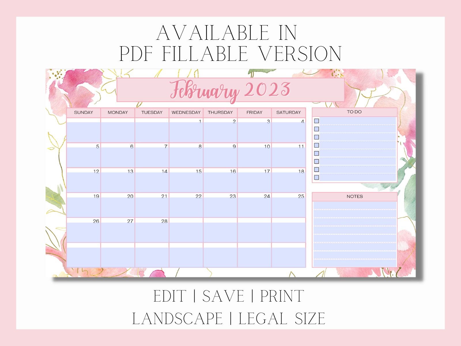 2023-2024 Monthly Printable Digital Calendar Watercolor Flower Design ...