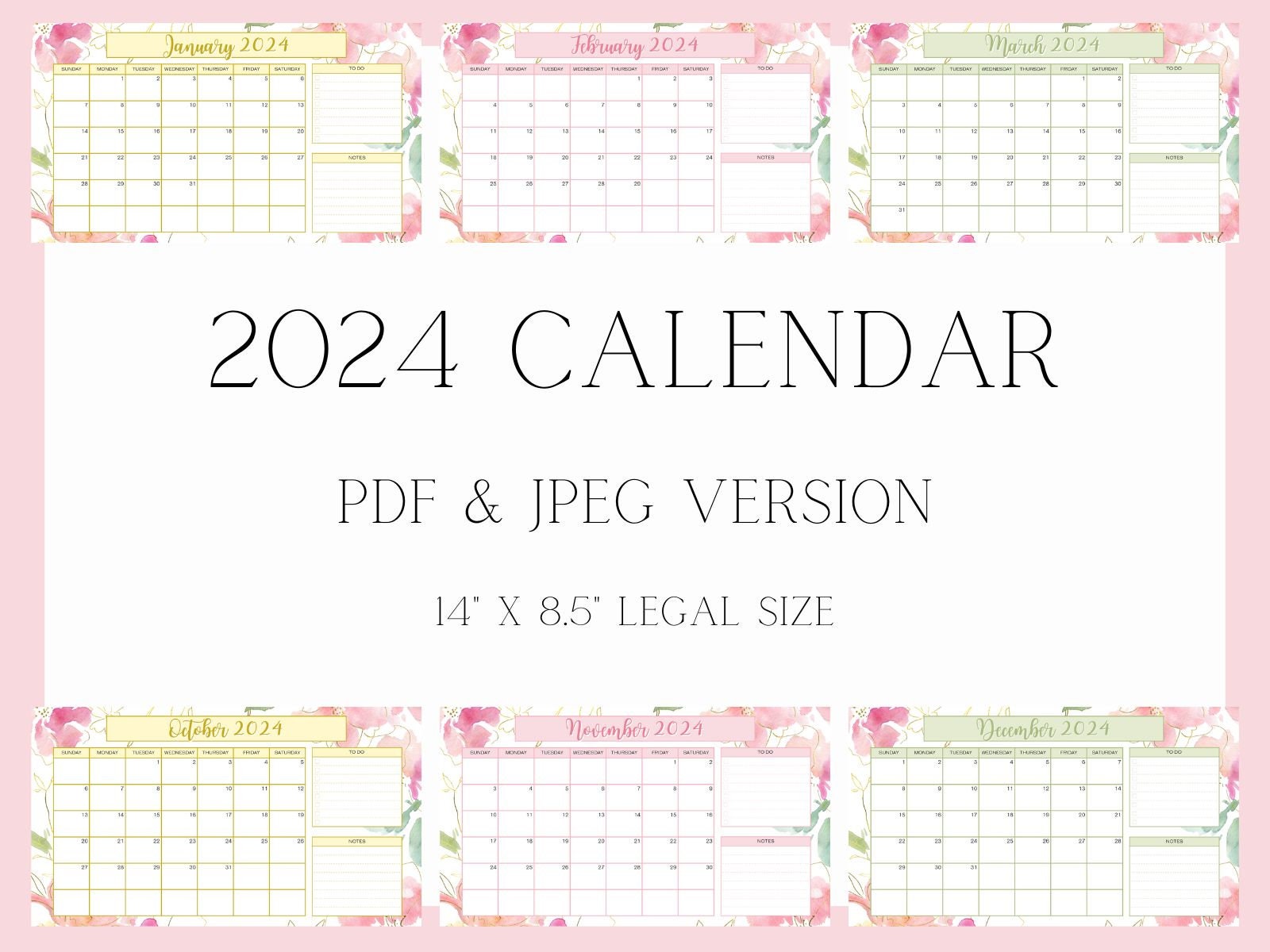 2023-2024 Monthly Printable Digital Calendar Watercolor Flower Design ...