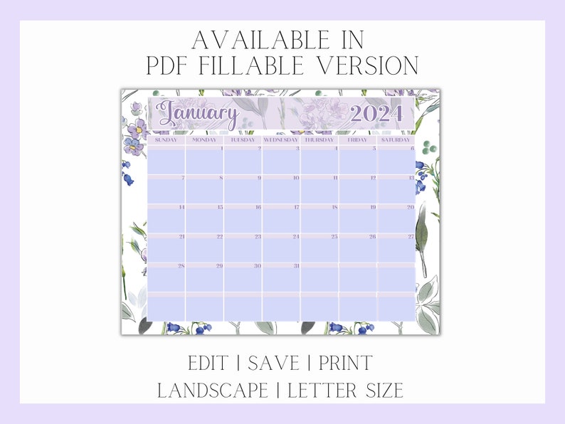 2023-2024 Monthly Printable Digital Calendar Purple Lavender Flower ...