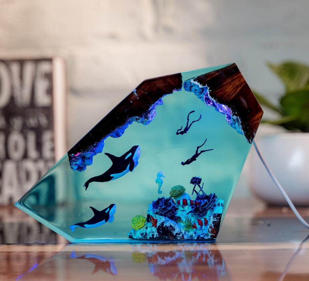 Orca Shark and Couple Diver Resin Night Lamp, Manta Ray and Jellyfish ...