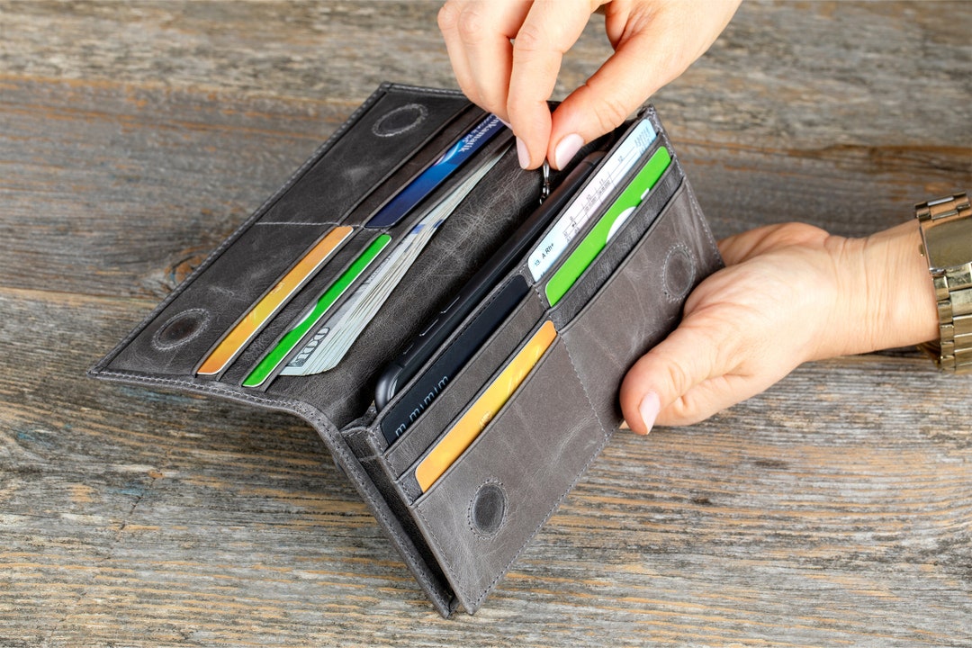 Personalized Leather Phone Wallet, Leather Bifold Long Wallet, Handmade ...