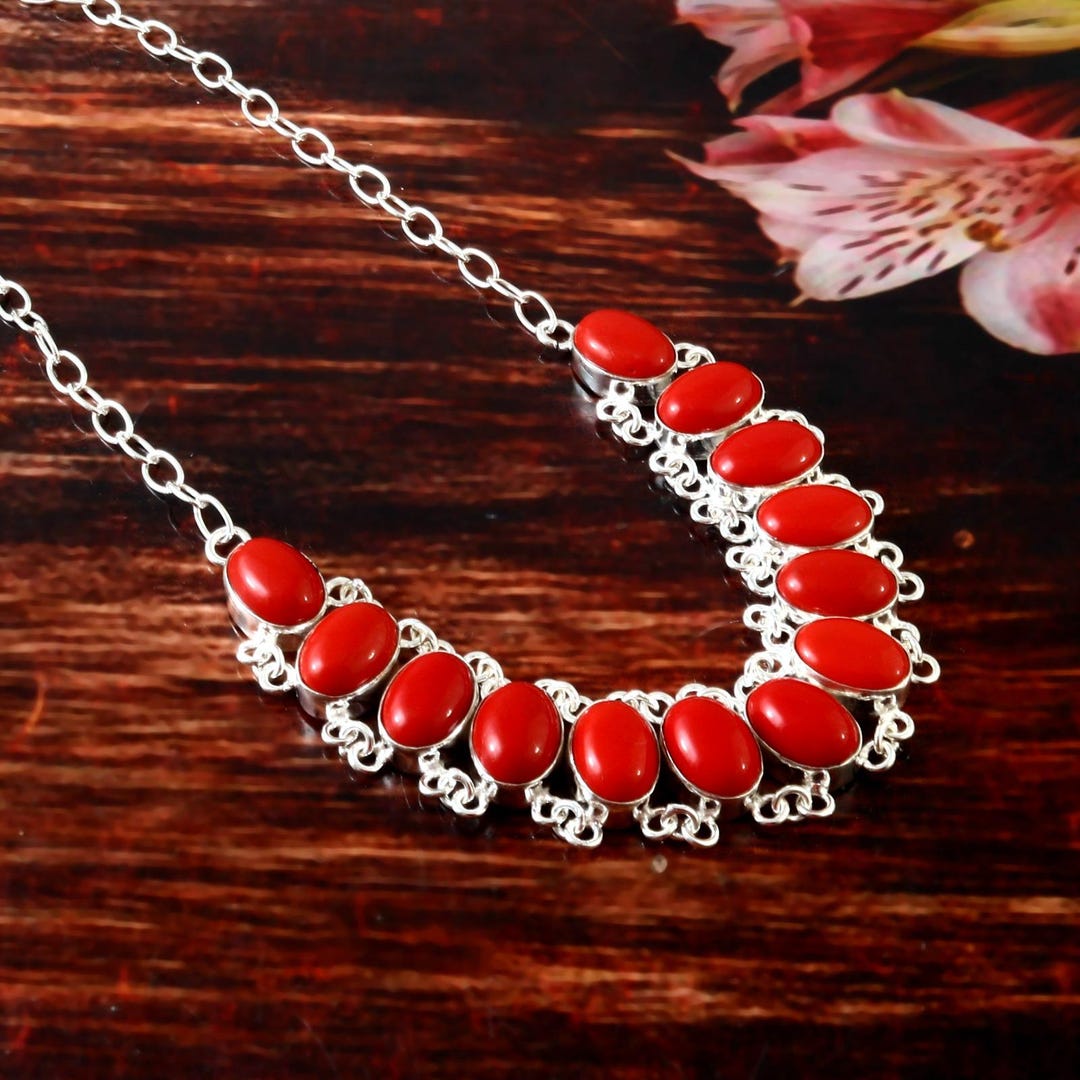 Red Coral Gemstone Necklace, Handmade Necklace, 925 Sterling Silver ...