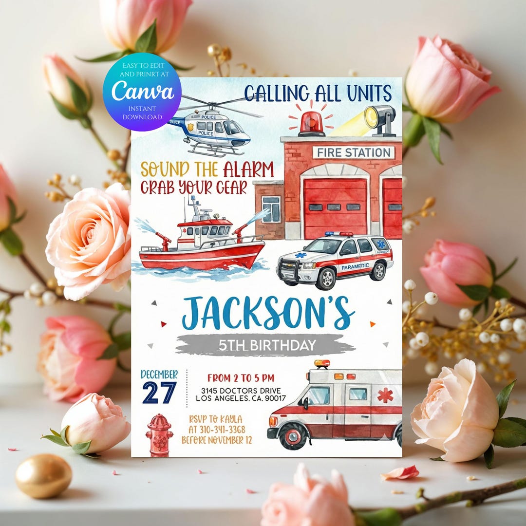 Editable First Responders Birthday Invitation, Emergency Vehicles Party ...